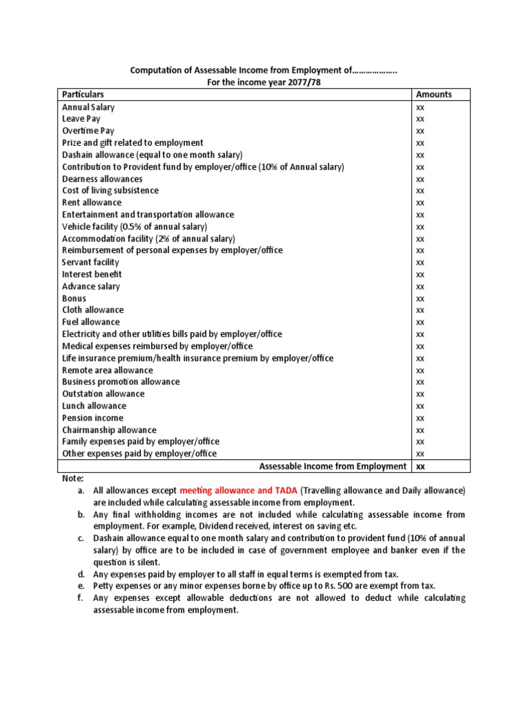 Computation of Assessable Income From Employment of .. For The Income ...