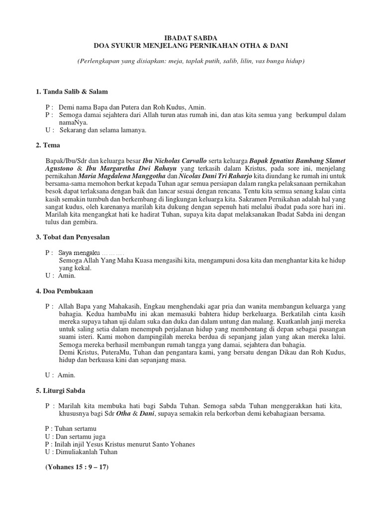 Ibadat Sabda Doa Syukur Menjelang Pernikahan Otha And Dani Pdf