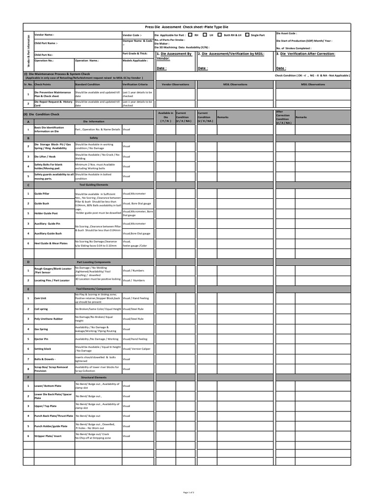 Die Assessment Check Sheet-Plate Type - For Physical Assessment | PDF ...