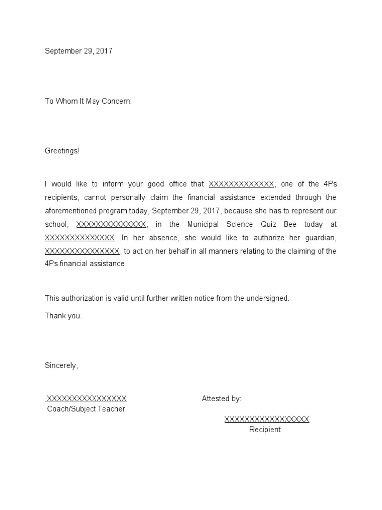 Authorization Letter for 4Ps Claim | PDF