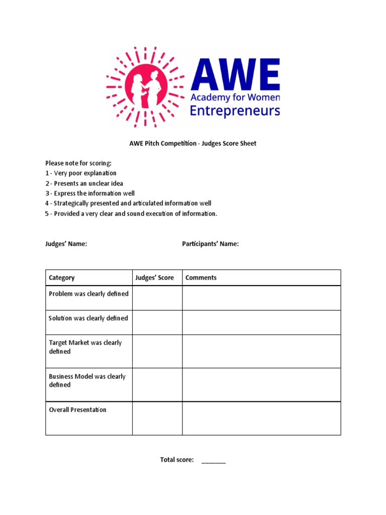AWE Pitch Competition Score Sheet | PDF | Business