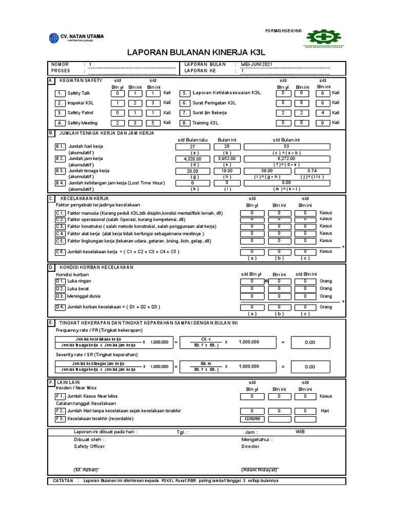 QHSE 018 01 R2 Laporan Bulanan Kinerja K3L | PDF