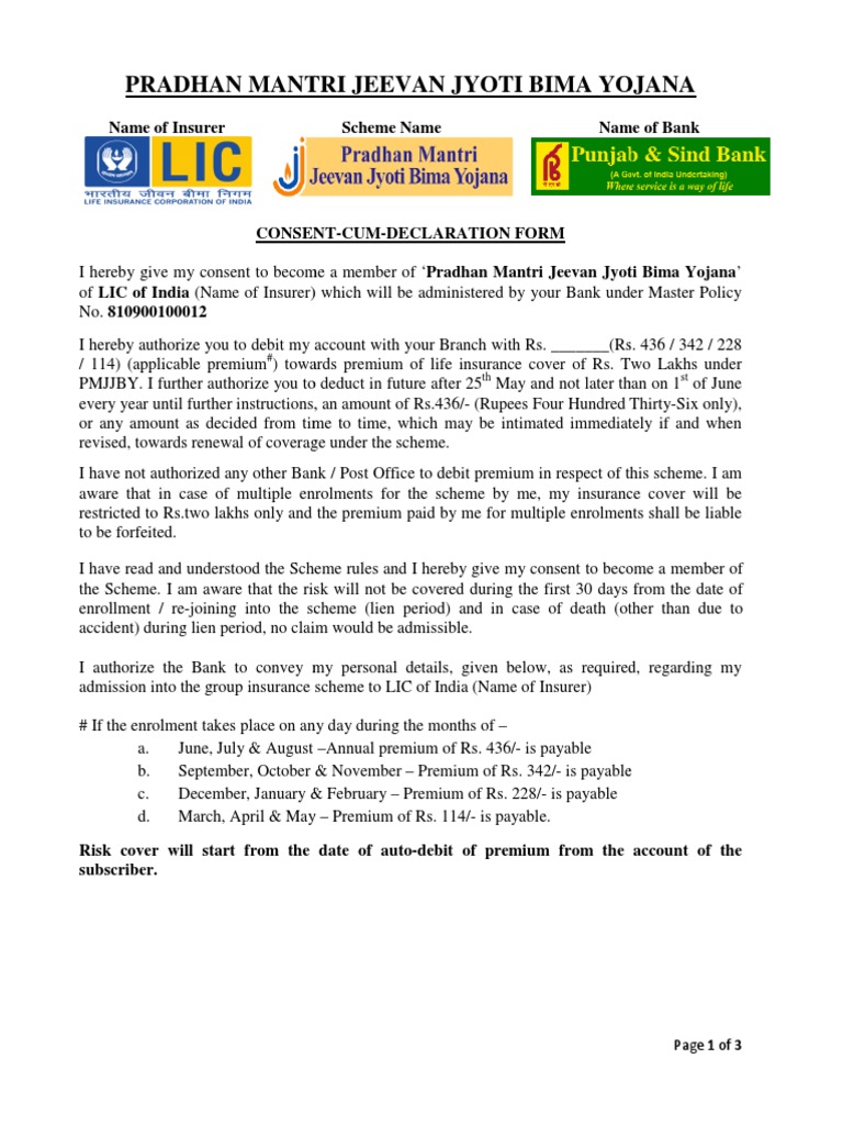 Revised PMJJBY Enrolment Form | PDF | Insurance | Financial Services