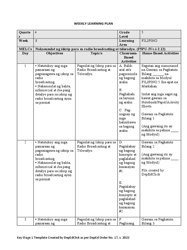 Key Stage 1 Template Created by Depedclick As Per Deped Order No. 17, S ...