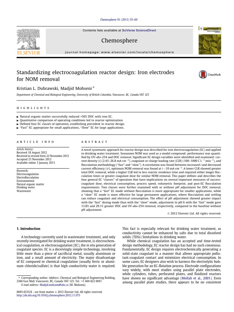 Standardizing Electrocoagulation Reactor Design - Iron Electrodes For ...