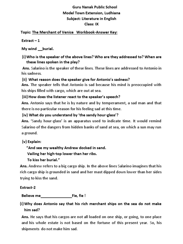 Class 9 English Literature Answer Key | PDF | The Merchant Of Venice