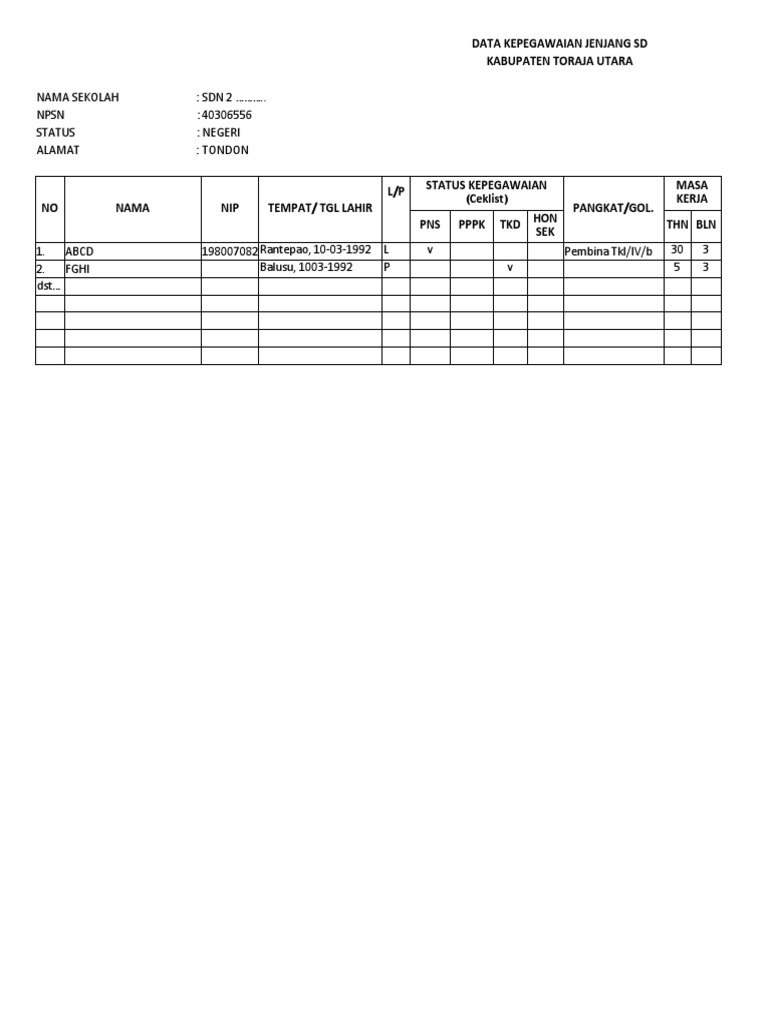 Format Data Kepegawaian SD & SMP | PDF