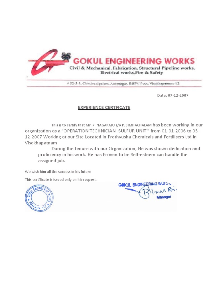 Experience Certficate: This Is To Certify That Mr. P. NAGARAJU S/o P. SIMHACHALAM | PDF