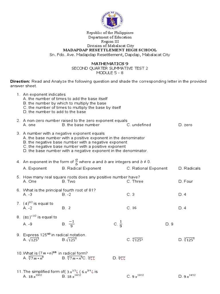SUMMATIVE TEST - Q2 Module 5 8 | PDF | Exponentiation | Numbers