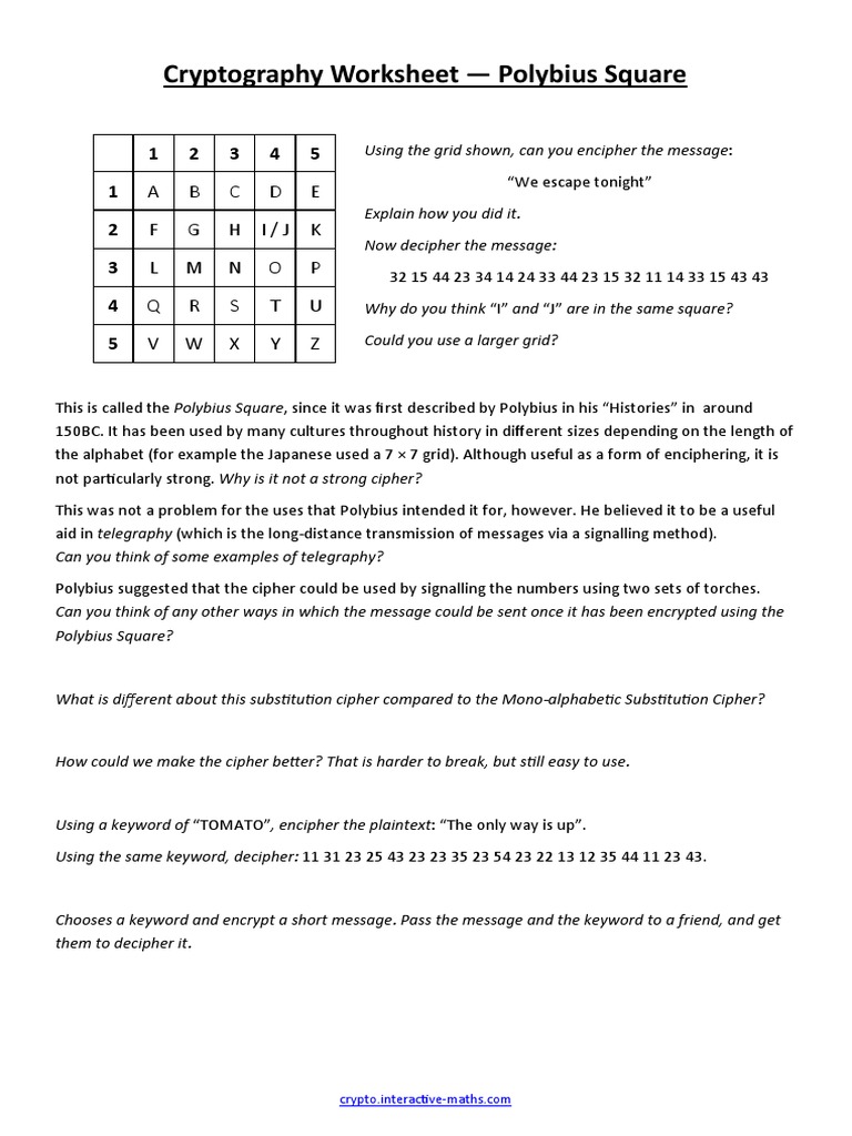 Cryptography Worksheet - Polybius Square | PDF | Cipher | Communication