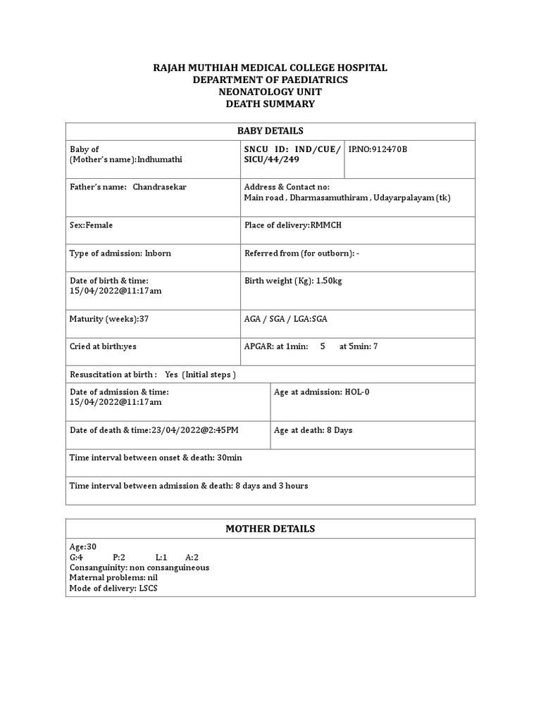 RMMCH Nicu Death Summary Template | PDF | Sepsis | Neonatal Intensive ...