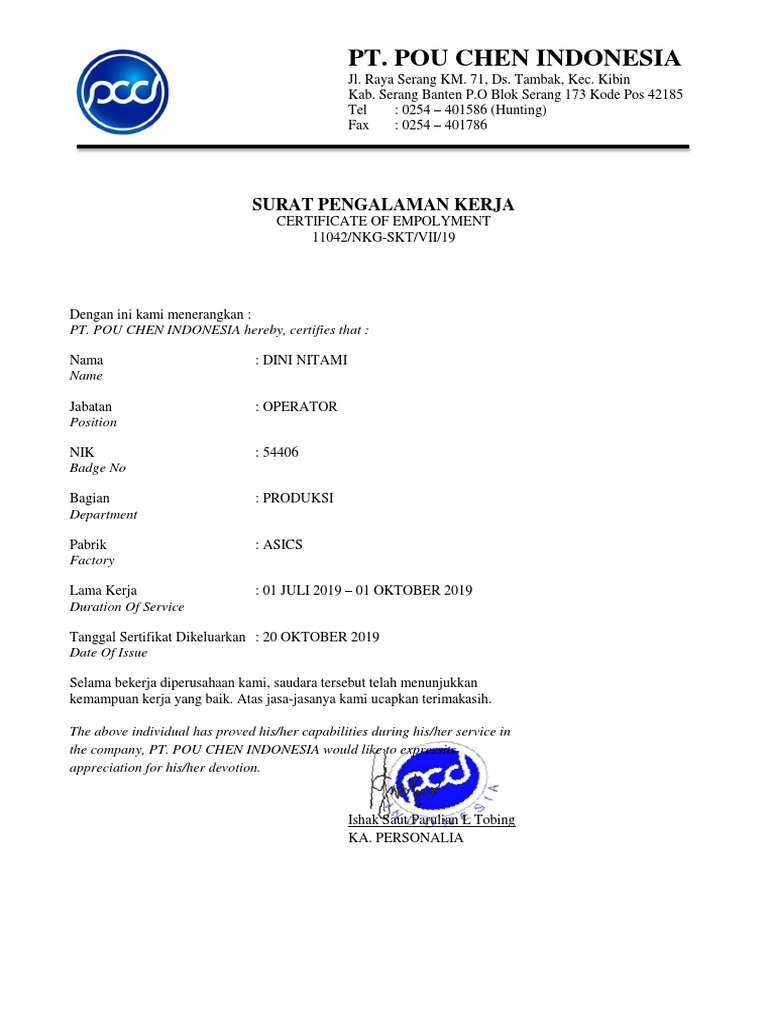 Paklaring Dini Nitami PouChen | PDF | Business