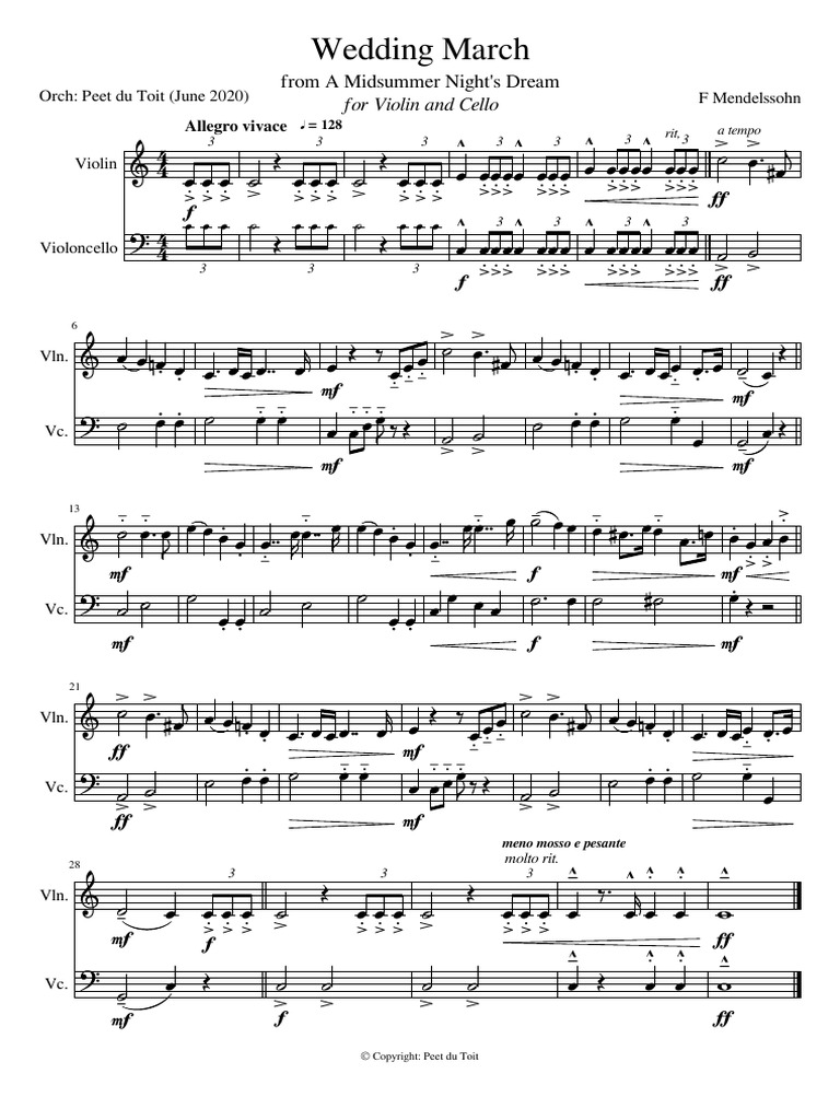 Wedding March From Midsummer Nights Dream - F Mendelssohn Violin Cello ...