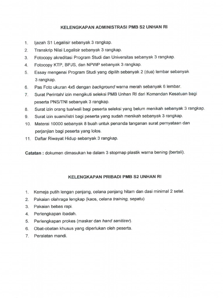 Kelangkapan Administrasi PMB S2 Unhan RI 2022 | PDF