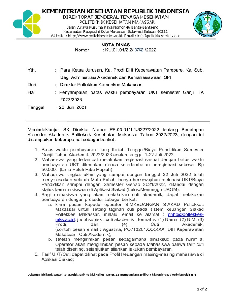 3762 Nota Dinas Penyampaian Batas Waktu UKT Ganjil 22-23 - Sign | PDF