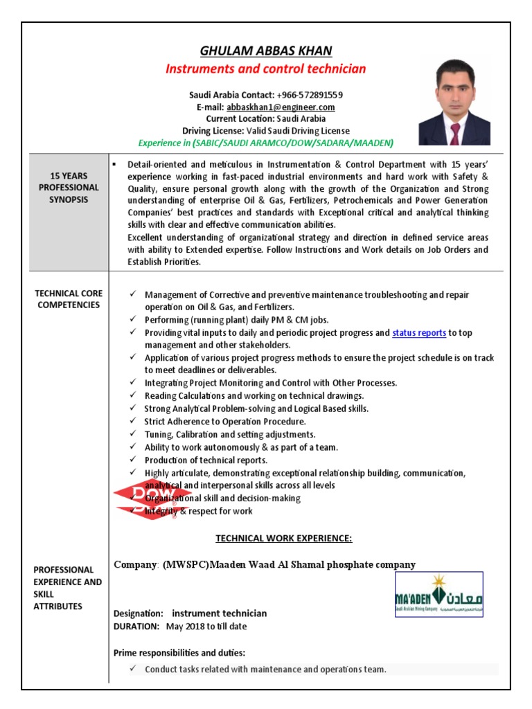 Cv Senior Instrument Control Technician | PDF | Instrumentation | Programmable Logic Controller