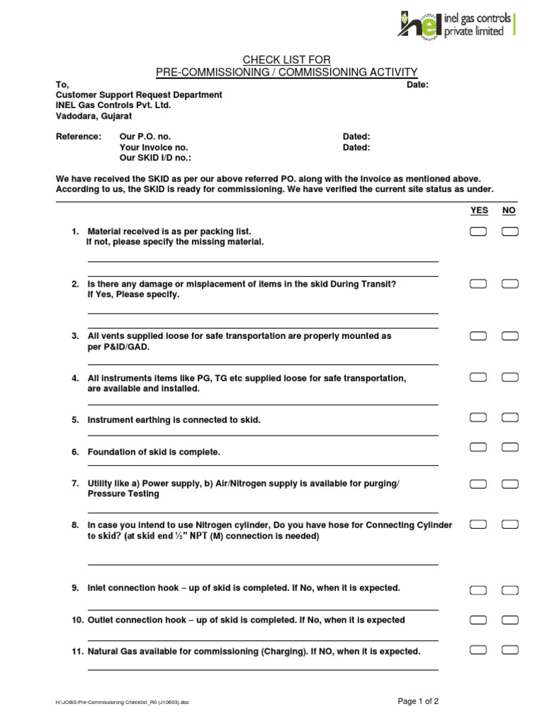 Pre-Commissioning Checklist - R1 | PDF | Gases