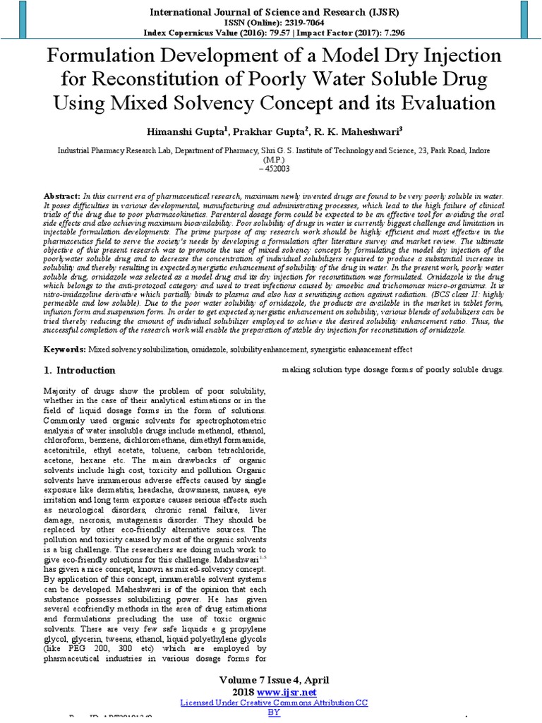 Formulation Development of A Model Dry Injection For Reconstitution of ...