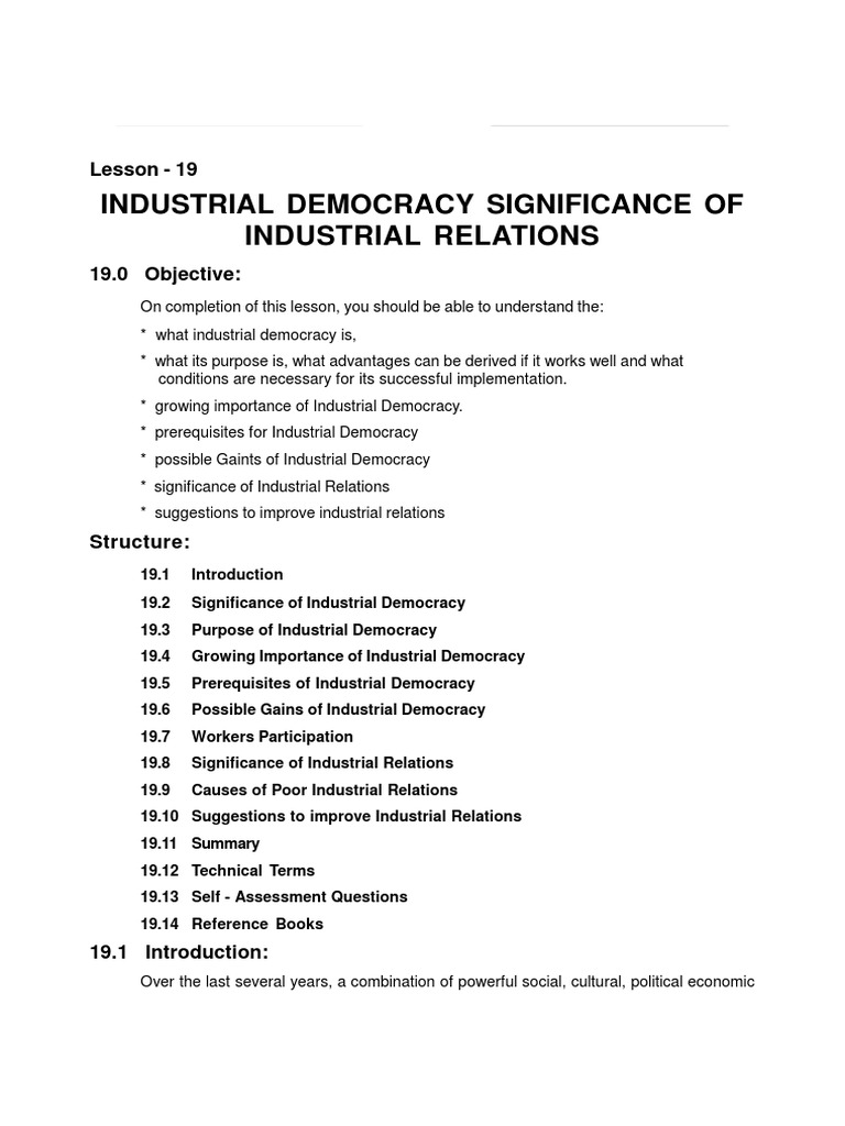 Industrial Democracy Significance of Industrial Relations: Lesson - 19 ...