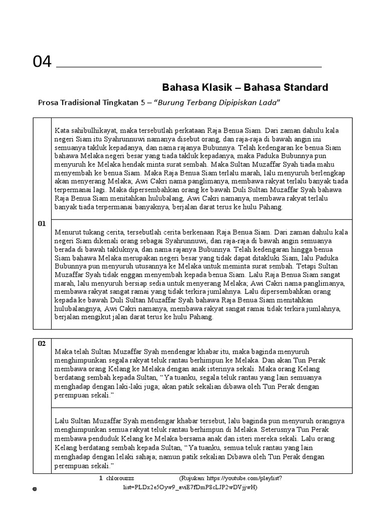 Prosa Tradisional Tingkatan 5 – "Burung Terbang Dipipiskan Lada | PDF