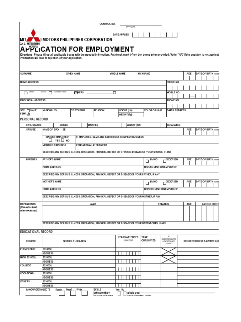 Mitsubishi Employment Application Form | PDF