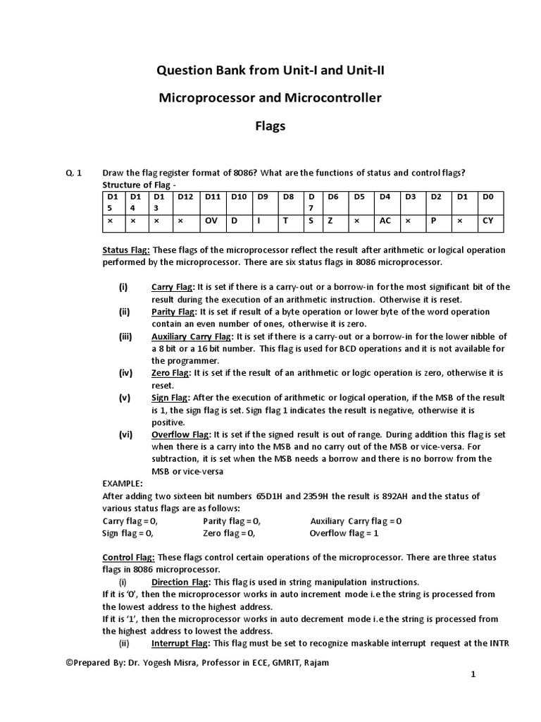 Question Bank From Unit-I and Unit-II Microprocessor and Microcontroller Flags | PDF | Computing ...