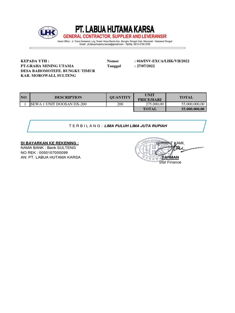 Invoice Sewa Exca PT - LHK To Pt. Gmu Kedua | PDF