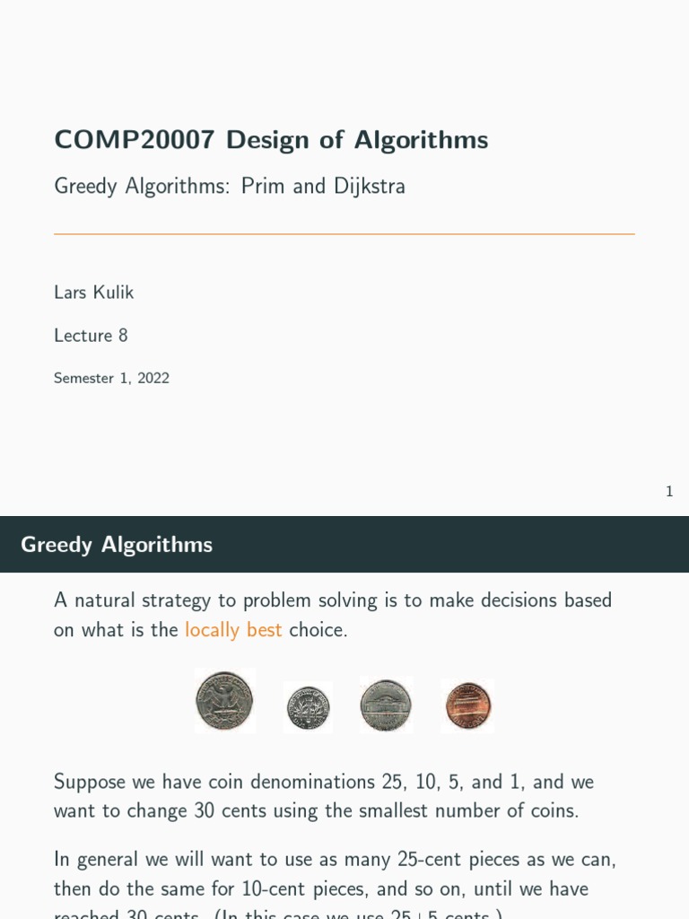 COMP20007 Design of Algorithms: Greedy Algorithms: Prim and Dijkstra | PDF | Mathematical ...