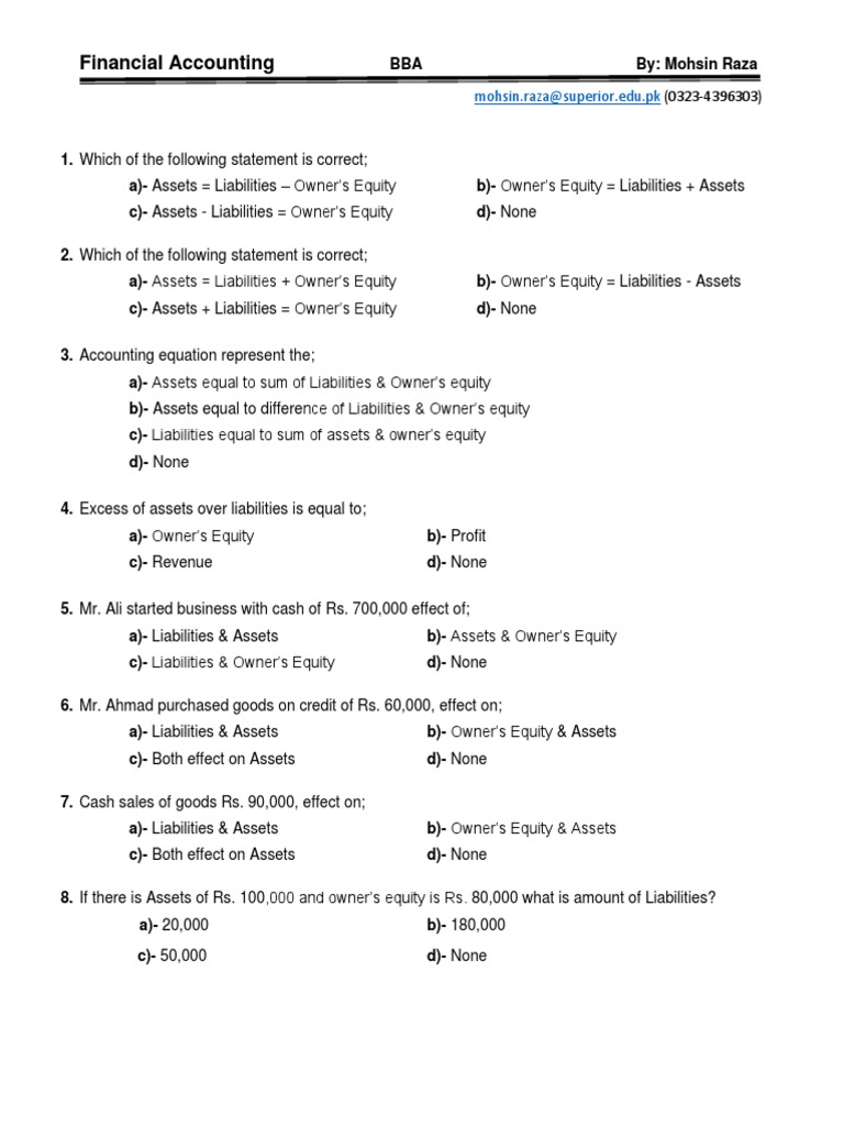 Accounting Equation MCQs | PDF | Equity (Finance) | Financial Accounting