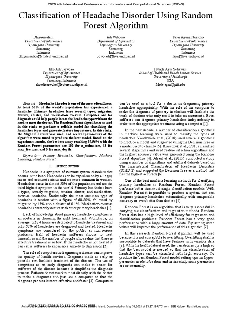 Classification of Headache Using Random Forest Algorithm | PDF | Headache | Statistical ...