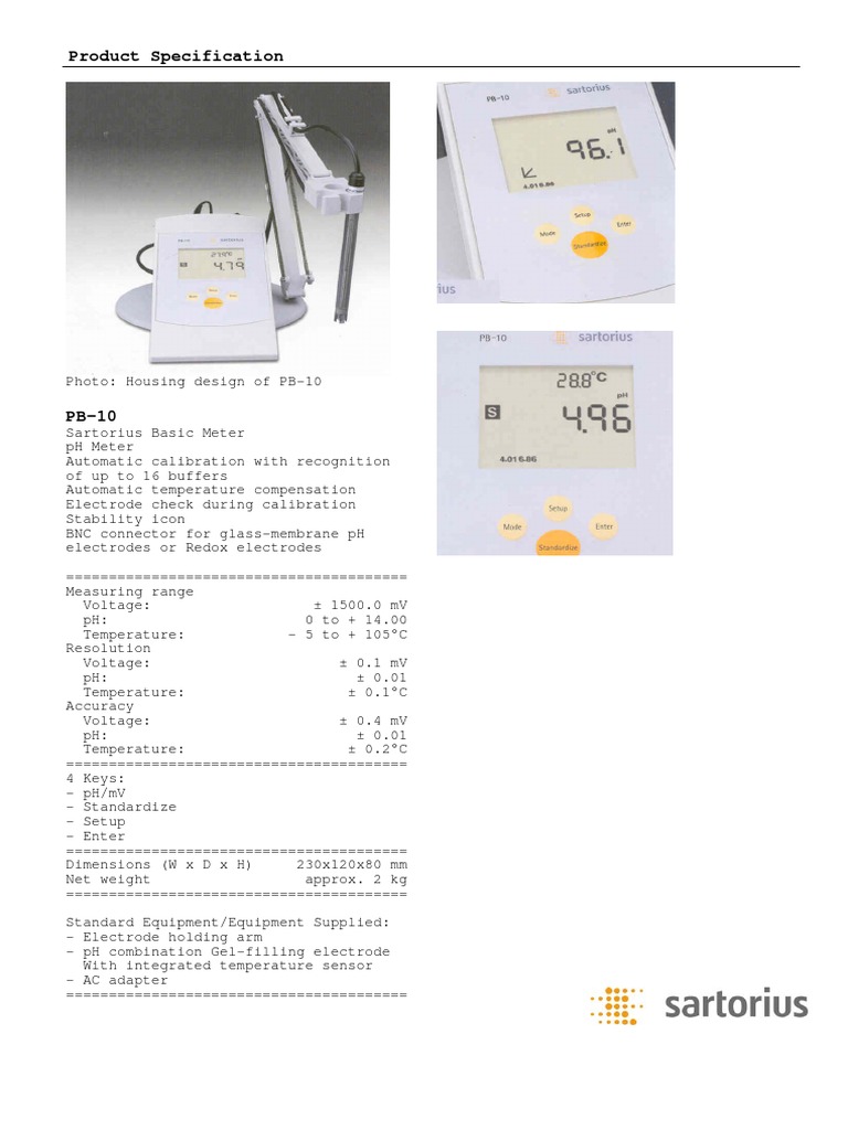 Sartorius PB-10 pH Meter Specifications | PDF