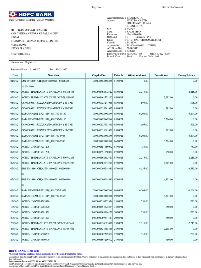 HDFC Salaried Account Statement | PDF | Trade | Economies