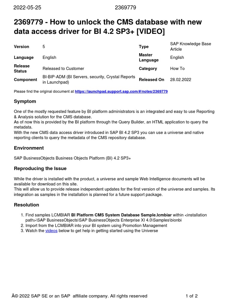 How To Unlock The CMS Database With New Data Access Driver For BI 4.2 ...