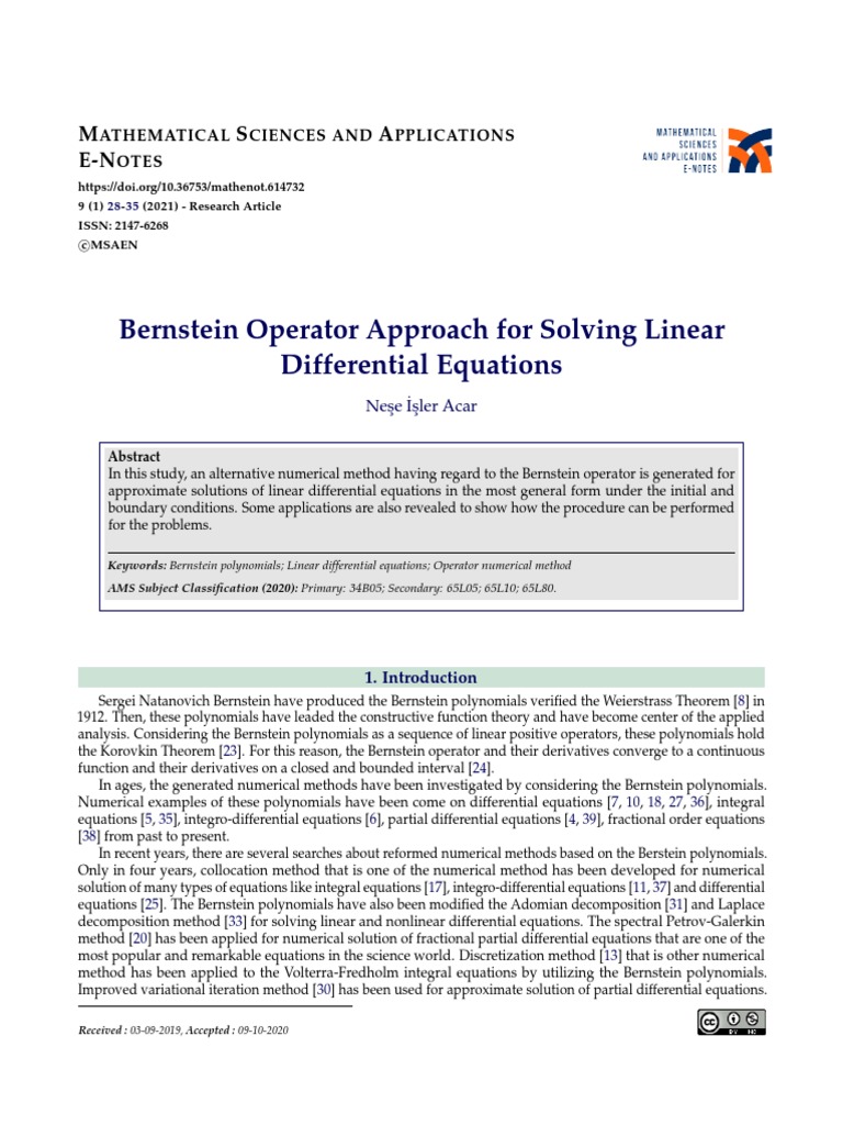 A Bernstein Operator Approach for Solving Linear Differential Equations | PDF | Numerical ...