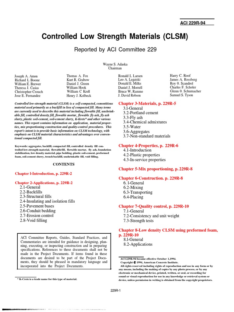 Controlled Low Strength Materials (CLSM) : Reported by ACI Committee ...