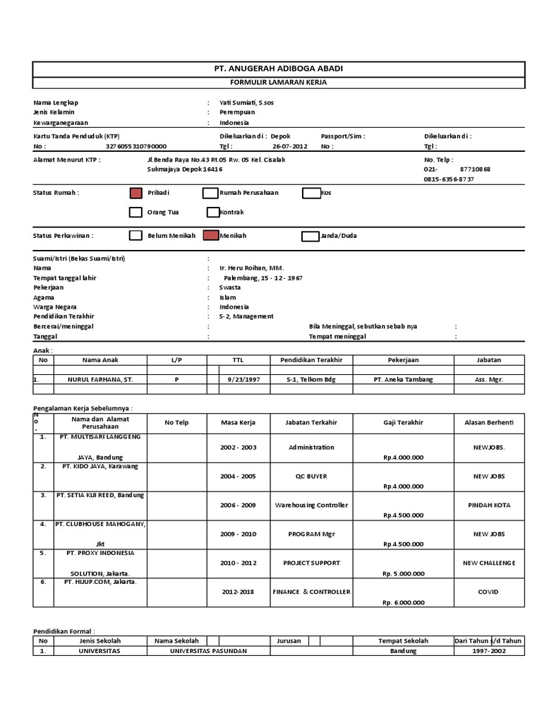 Form Lamaran Pekerjaan PT Anugerah Adiboga Abadi | PDF