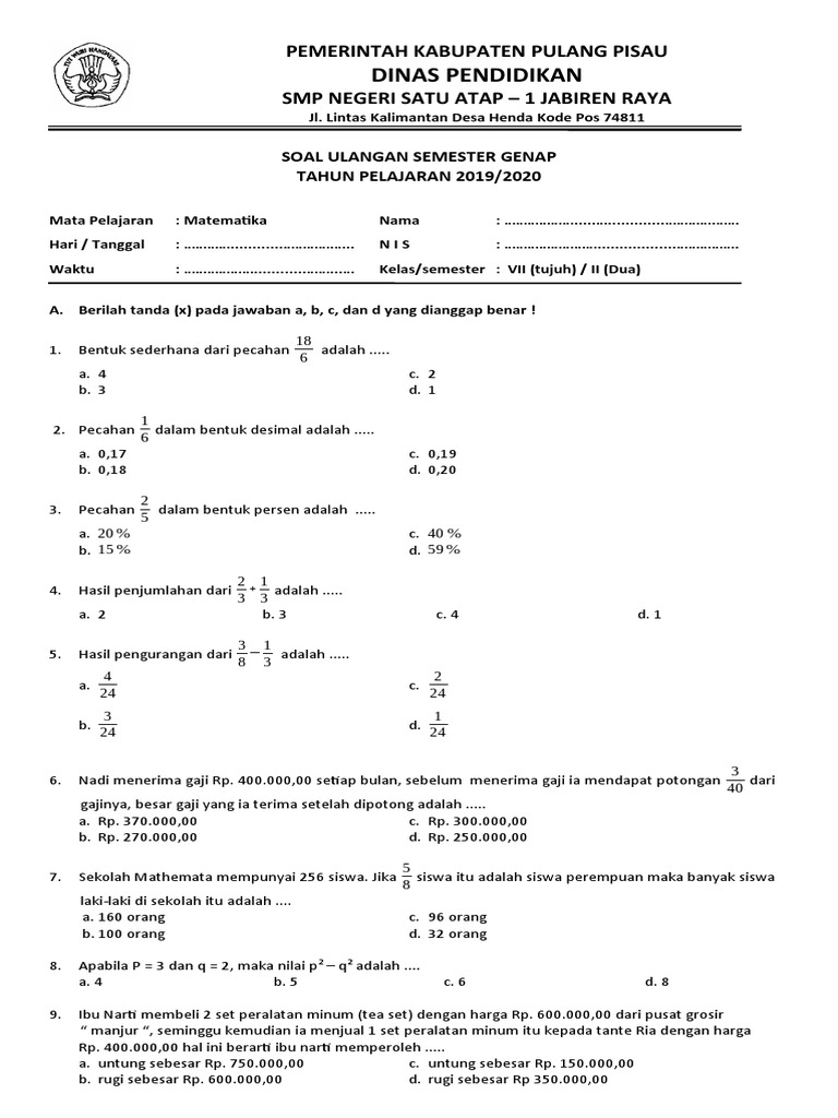 Soal Ulangan SMT Genap Kls VII | PDF