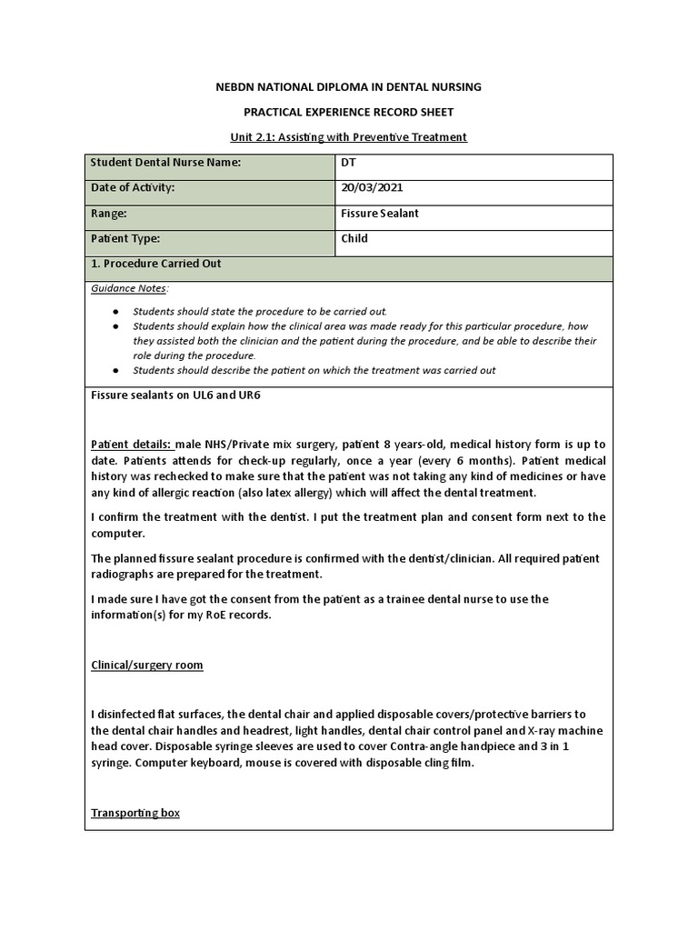Nebdn National Diploma in Dental Nursing Practical Experience Record ...