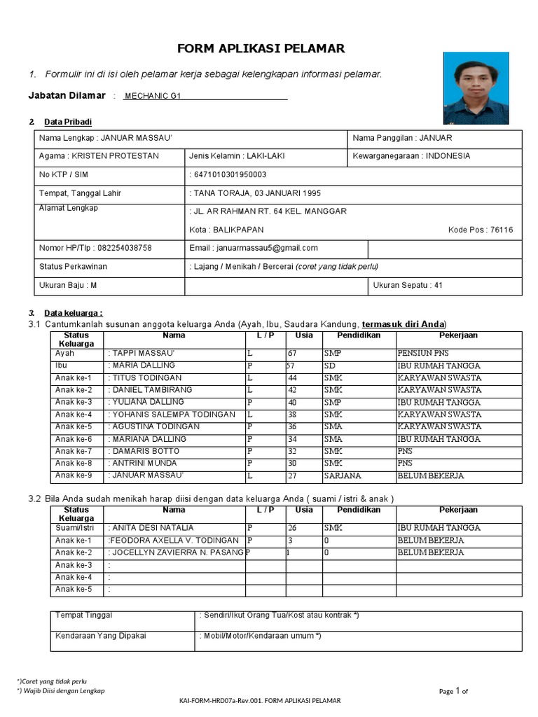 Kai Form Hrd07 Rev.001. Form Aplikasi Pelamar Dikonversi | PDF