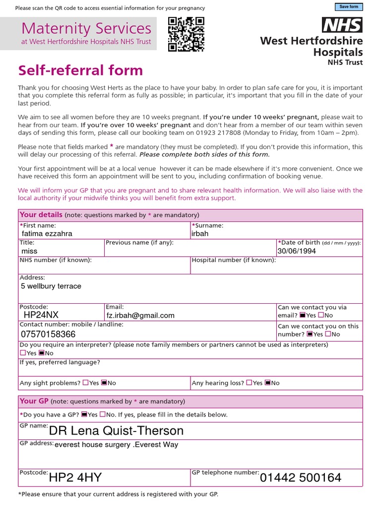 Maternity Services: Self-Referral Form | PDF | Pregnancy | Health Sciences