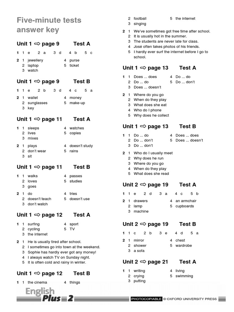 Five Min Tests Answer Key | PDF