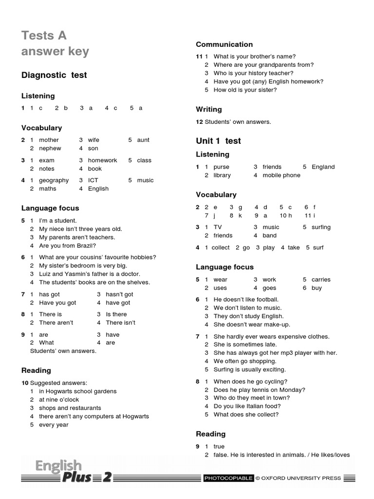 Tests A Answer Key: Diagnostic Test | PDF