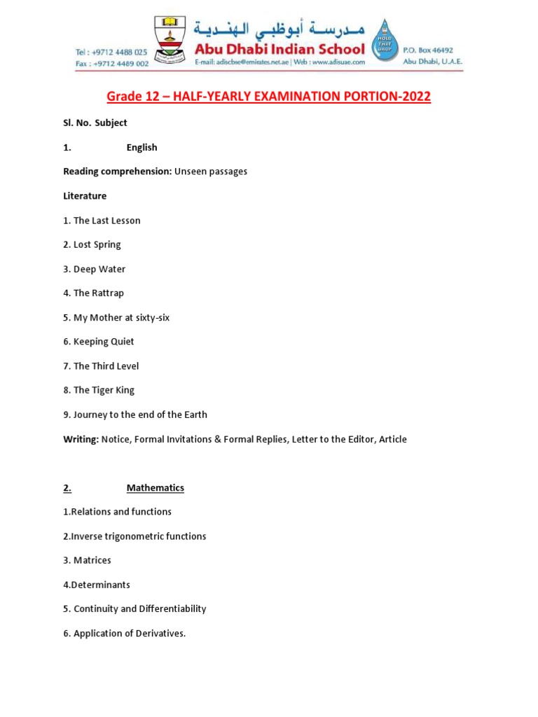 Grade 12 Half-Yearly Exam Syllabus 2022 | PDF | Asana