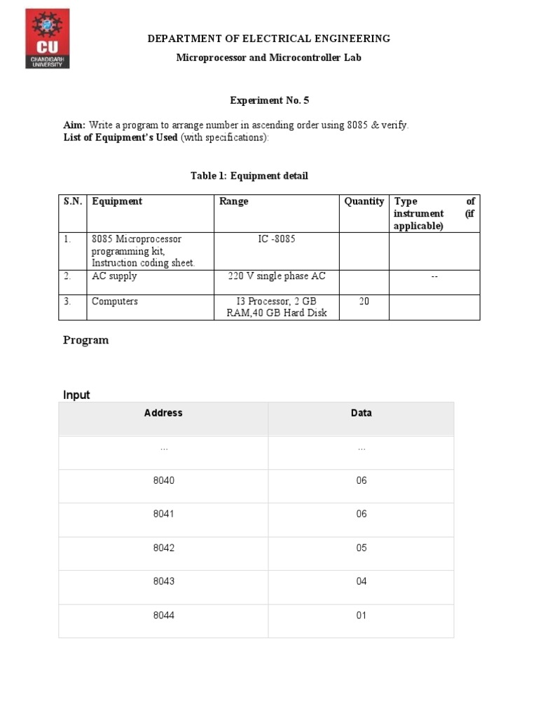 Program To Arrange Numbers In Ascending Order Using An 8085 Microprocessor And Verify The Output