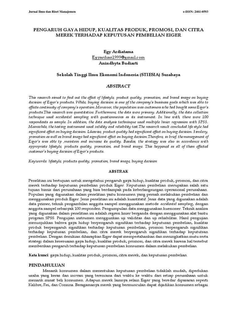Pengaruh Gaya Hidup, Kualitas Produk, Promosi, Dan Citra Merek Terhadap Keputusan Pembelian ...
