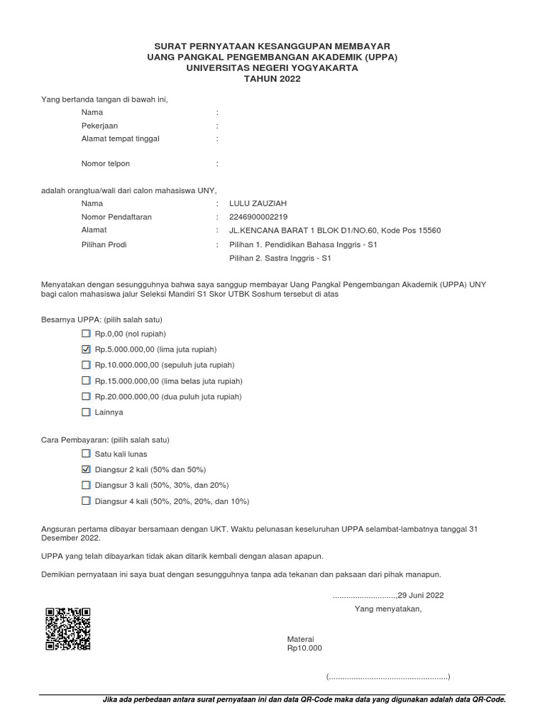 Surat Pernyataan UPPA UNY 2022 | PDF