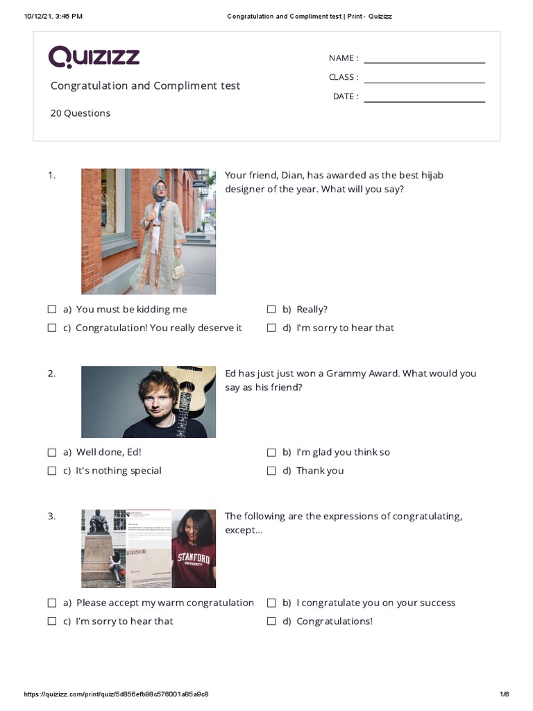 Congratulation & Compliment Quiz | PDF