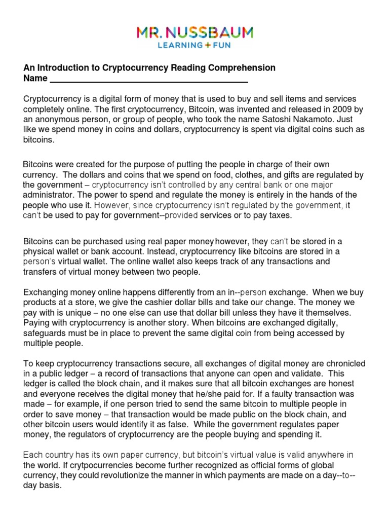 An Introduction To Cryptocurrency Reading Comprehension Name | PDF ...