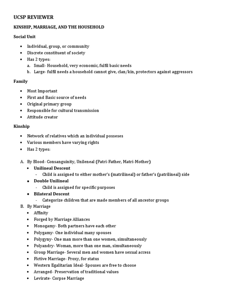 Ucsp Reviewer: Kinship, Marriage, and The Household Social Unit | PDF ...