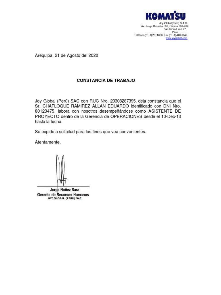 Constancias De Trabajo En Joy Global Pdf Fax